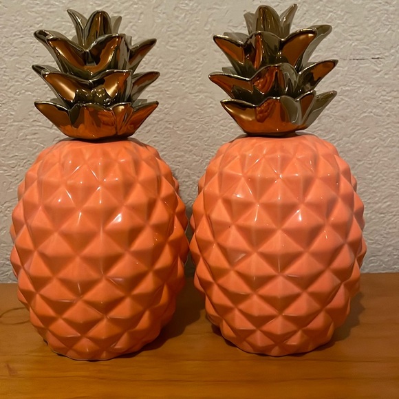 Art | Set Of 2 Orange Colored Pineapple Ceramics With Gold Top | Poshmark
